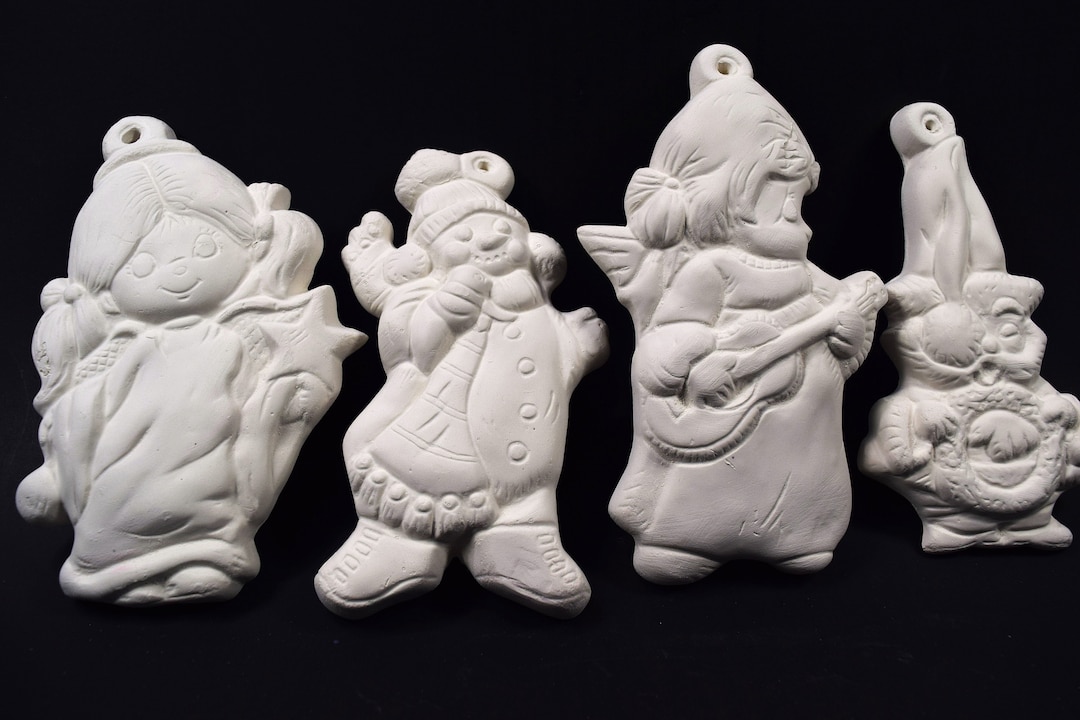 4 Ceramic Bisque Ready to Paint Christmas Ornaments. Figurine Holiday ...