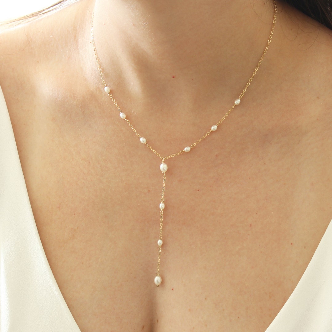 Pearl Station Y Necklace | Freshwater Pearl Lariat Necklace | Delicate ...