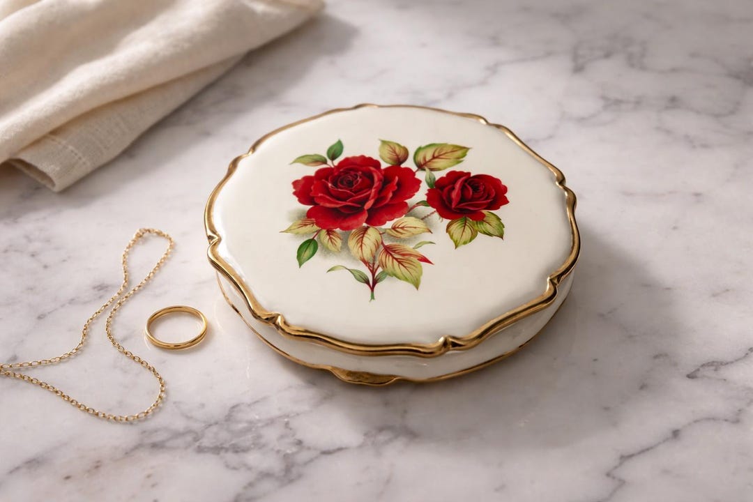 Stratton White Enameled Powder Compact With a Red Rose Motif - Etsy