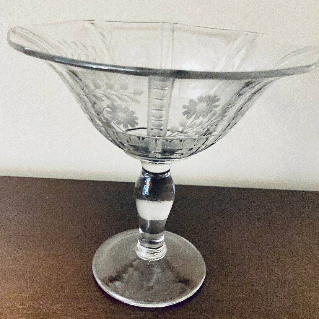 Elegant Vintage Engraved Clear Crystal Glass Floral Compote - Etsy