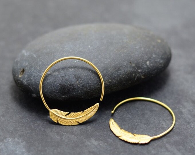 Gold Feather Hoop Earrings - Feather Hoop Earrings- Tula Hoop - 18k ...