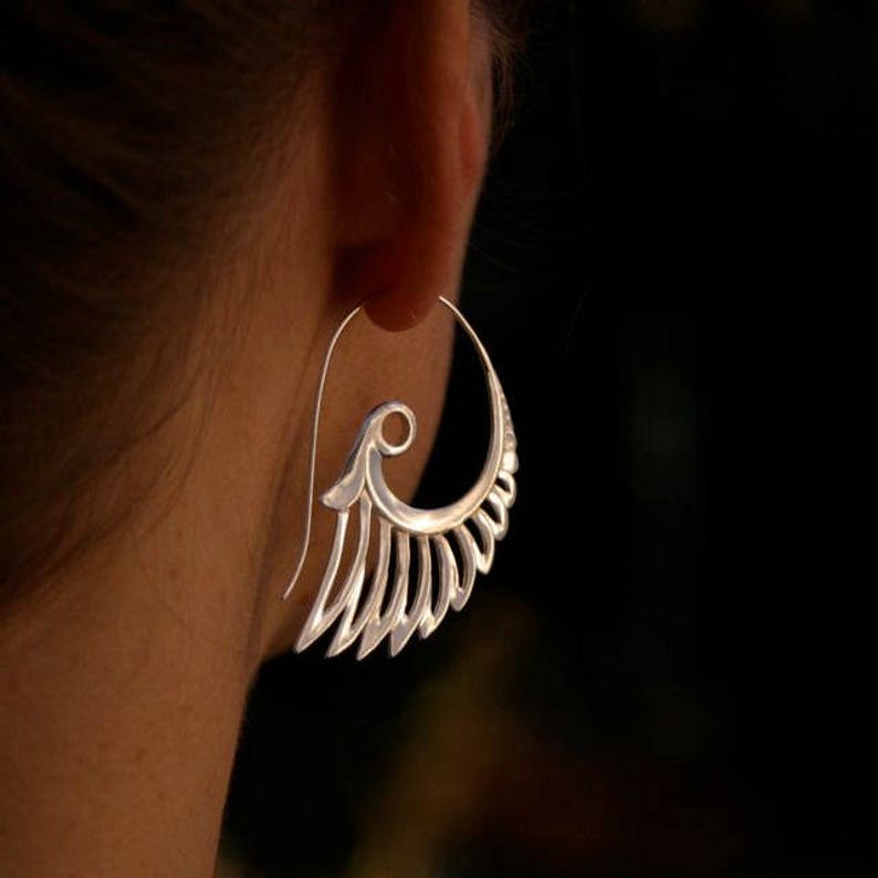 Solid Sterling Silver Feather Earrings - Angel Wing - Big Art Nouveau ...