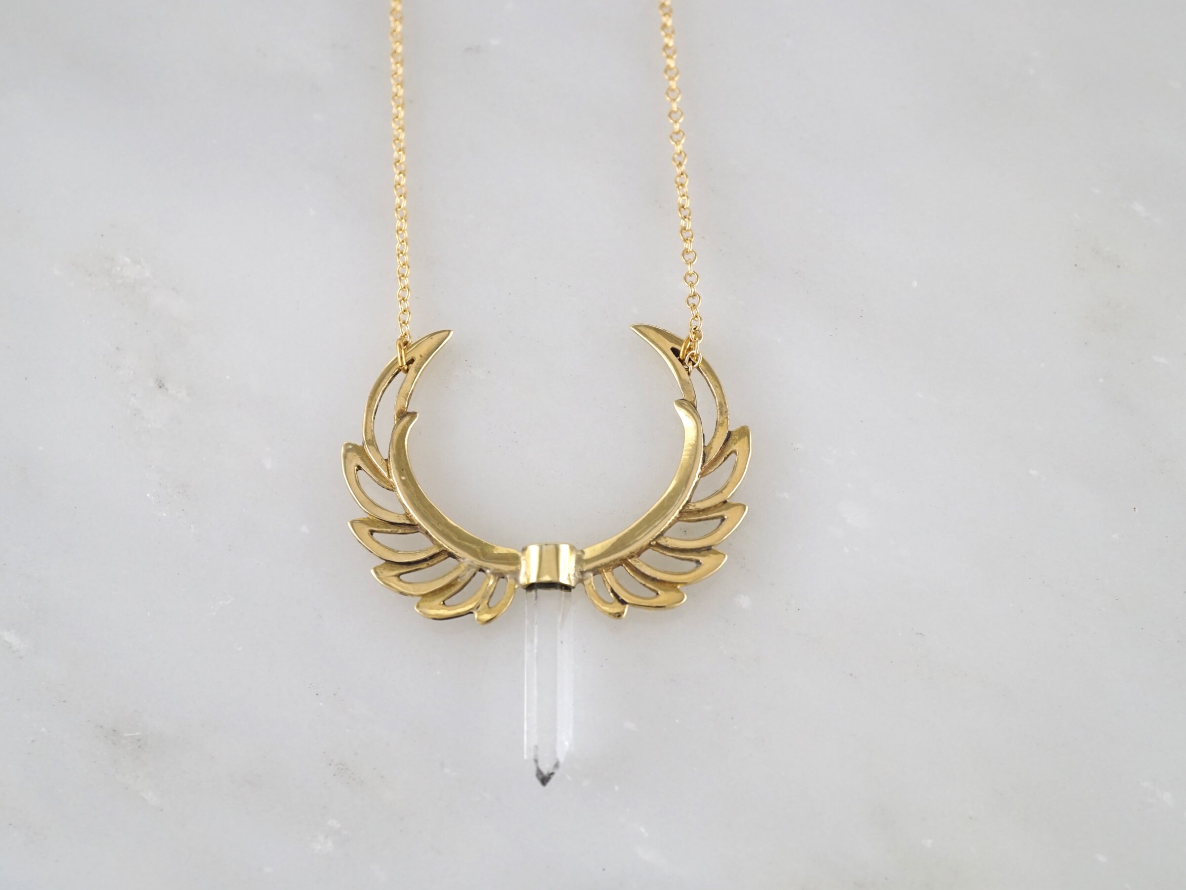 Phoenix Feather Necklace With 14K Gold Filled Chain and Clear Quartz ...