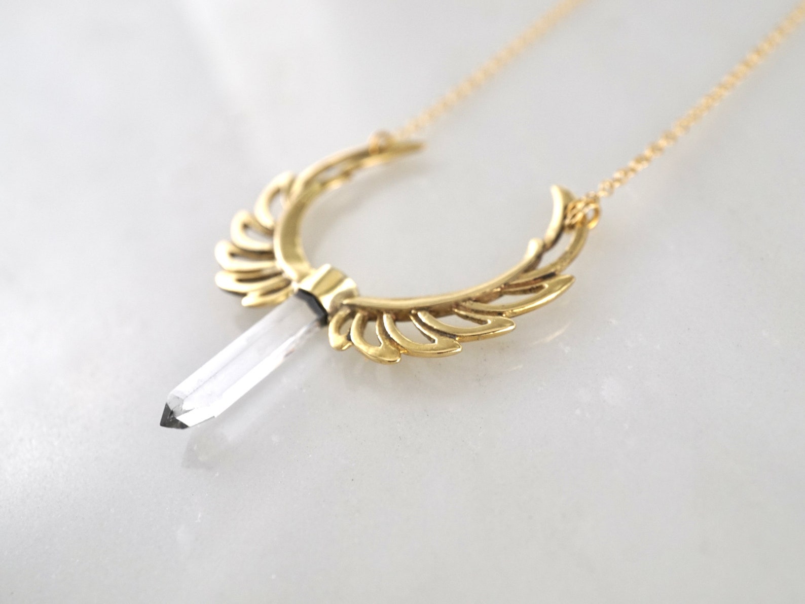Phoenix Feather Necklace With 14K Gold Filled Chain and Clear Quartz ...