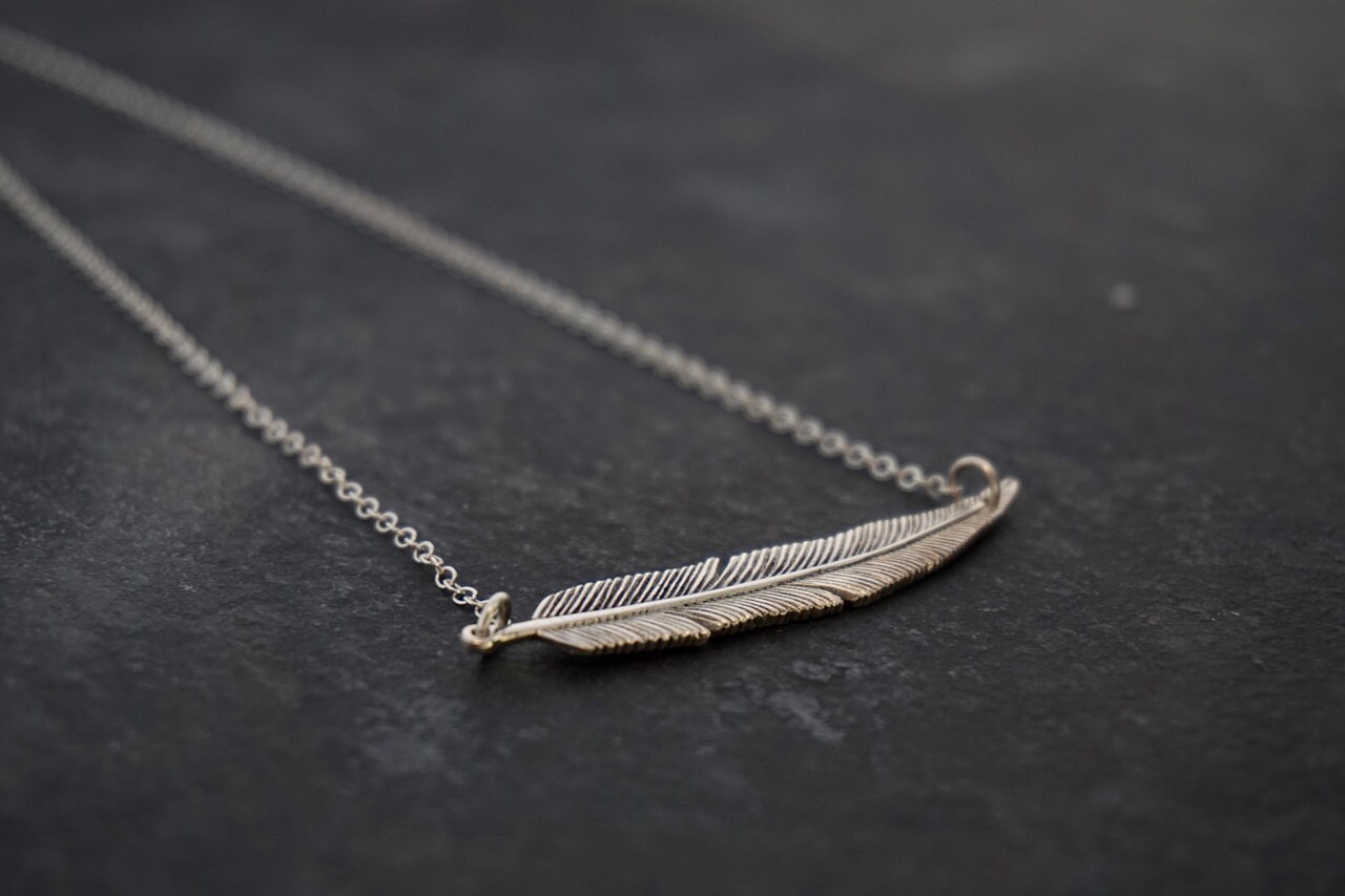 Silver Feather Necklace - Sterling Bar Layering Chain - Feather Pendant ...