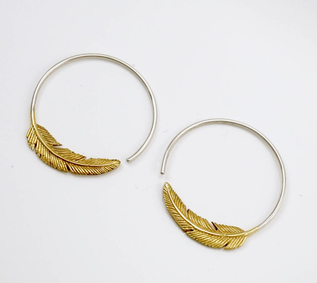 Small Gold-tone Feather Hoop Earrings - Tribal Spiral Earrings ...