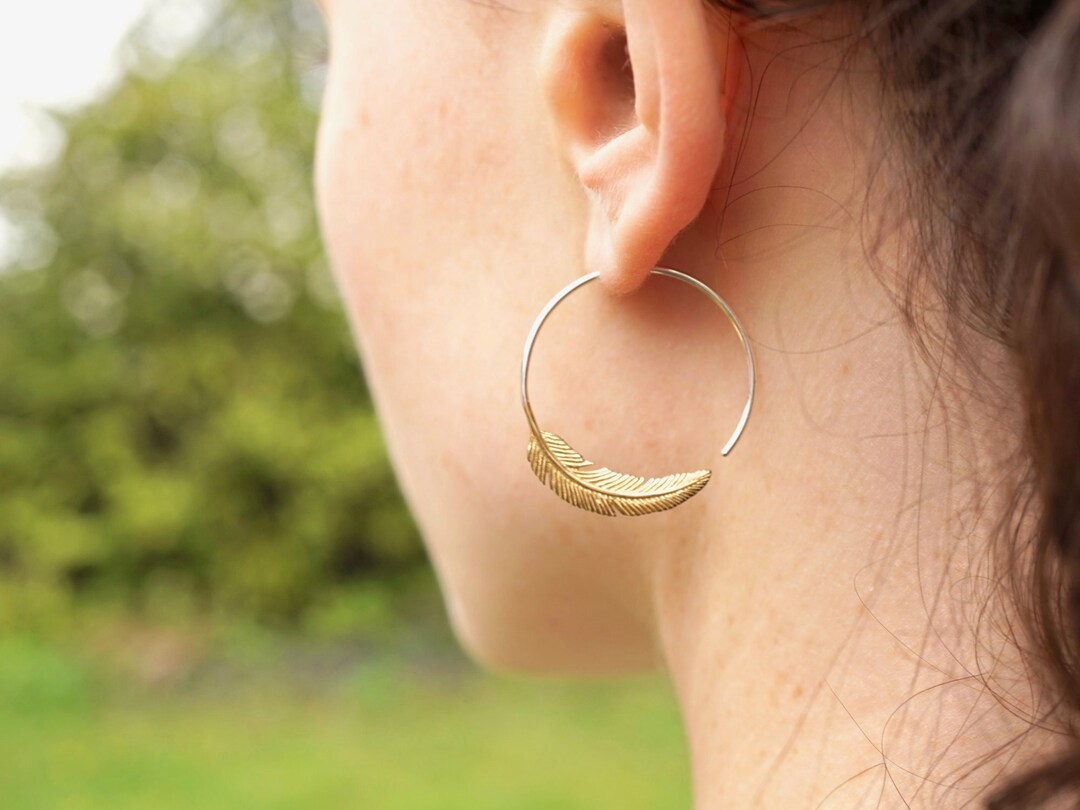 Small Gold Feather Hoop Earrings Tribal Spiral Earrings - Etsy