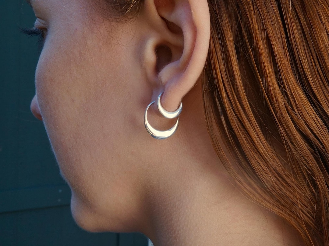 Crescent Moon Hoop Earrings - Sterling Silver and Gold - Triple Earring ...