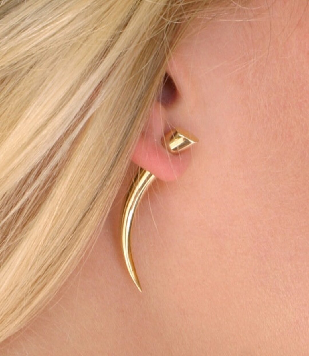 Faux Gauge - Single Tribal Talon Earring - Gold Tone Spike - Goth ...