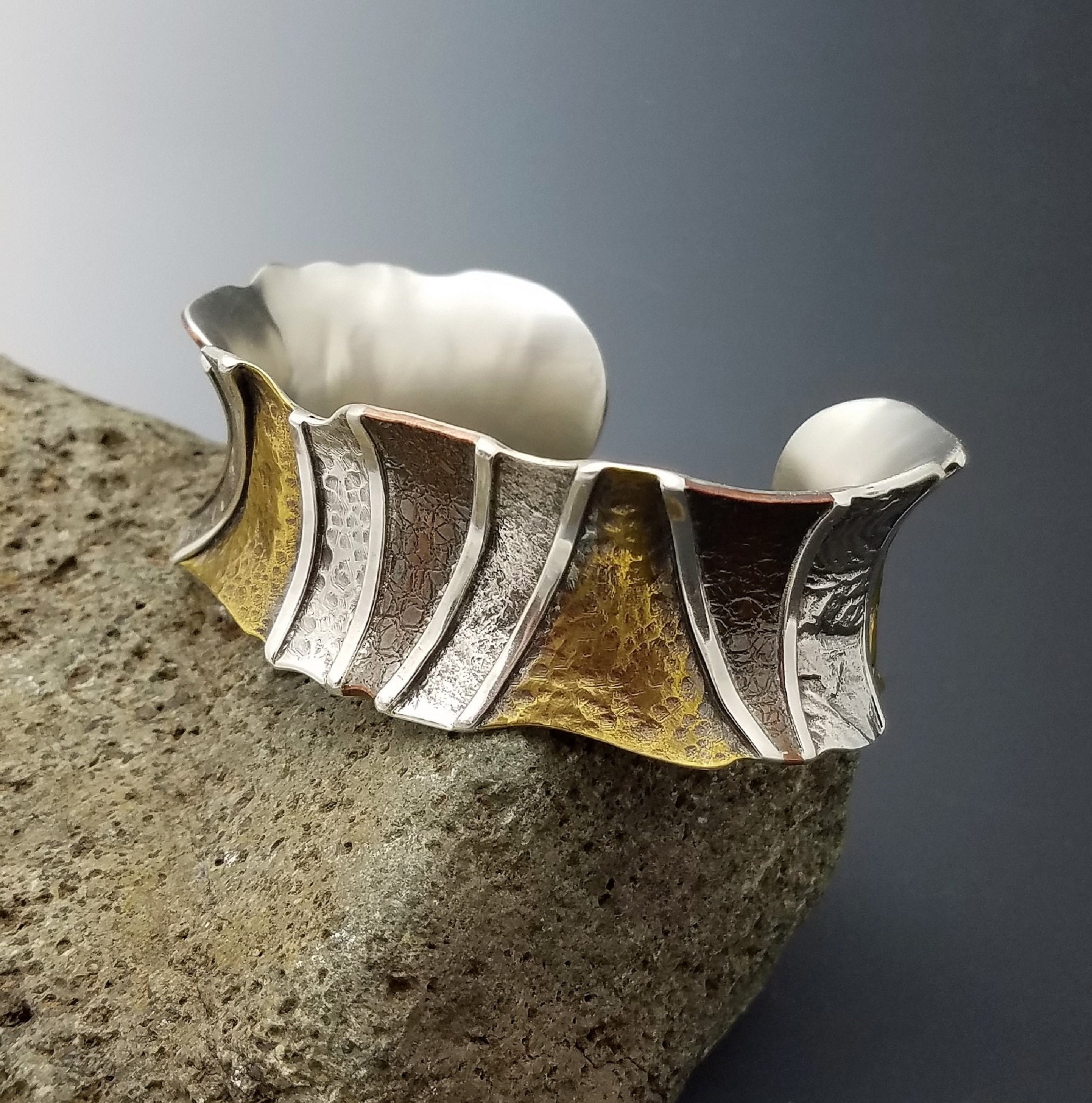 Sterling, Brass, Copper, Reticulated Silver and Mokume Cuff Bracelet ...