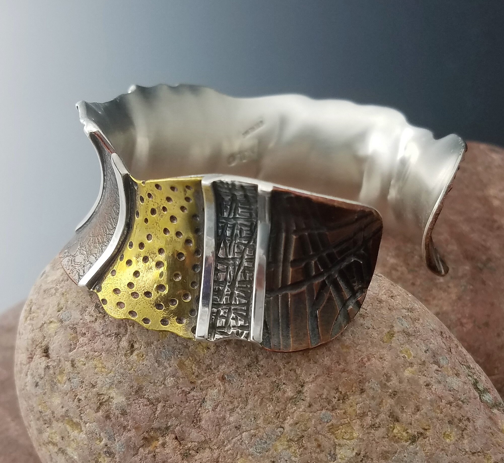 Sterling, Brass, Copper, Reticulated Silver and Mokume Cuff Bracelet ...
