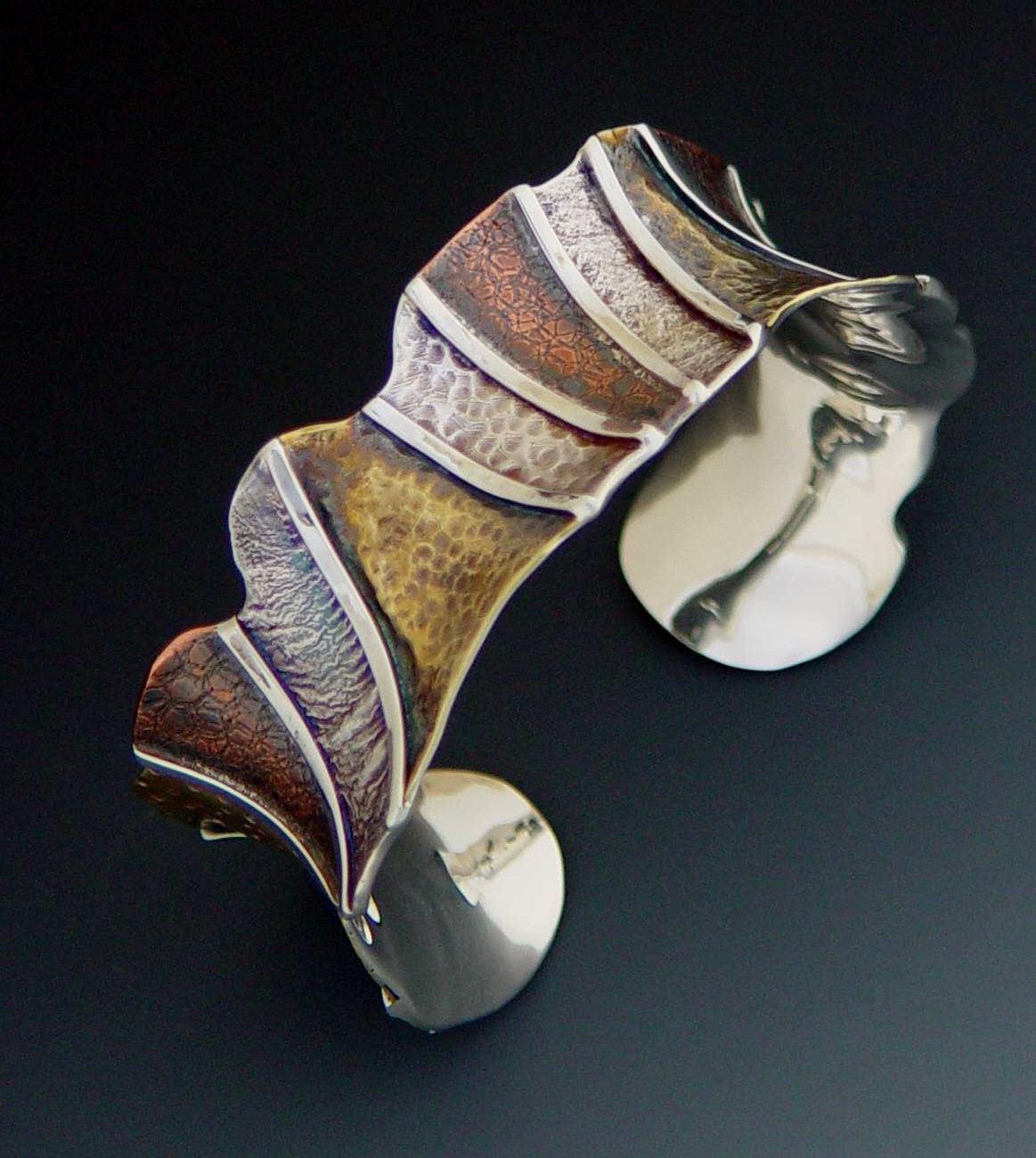 Sterling, Brass, Copper, Reticulated Silver and Mokume Cuff Bracelet ...