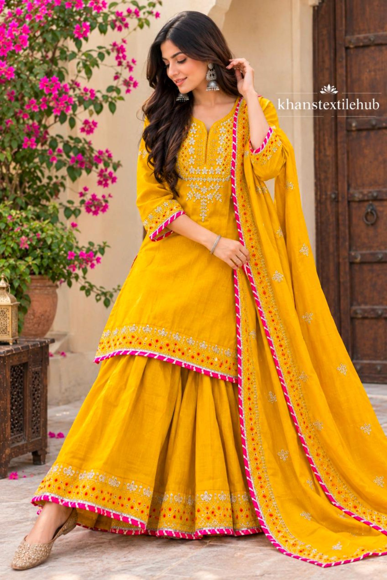 Mustard Yellow Silk Sharara Suit, Embroidered Dupatta, Party Wear Dress ...