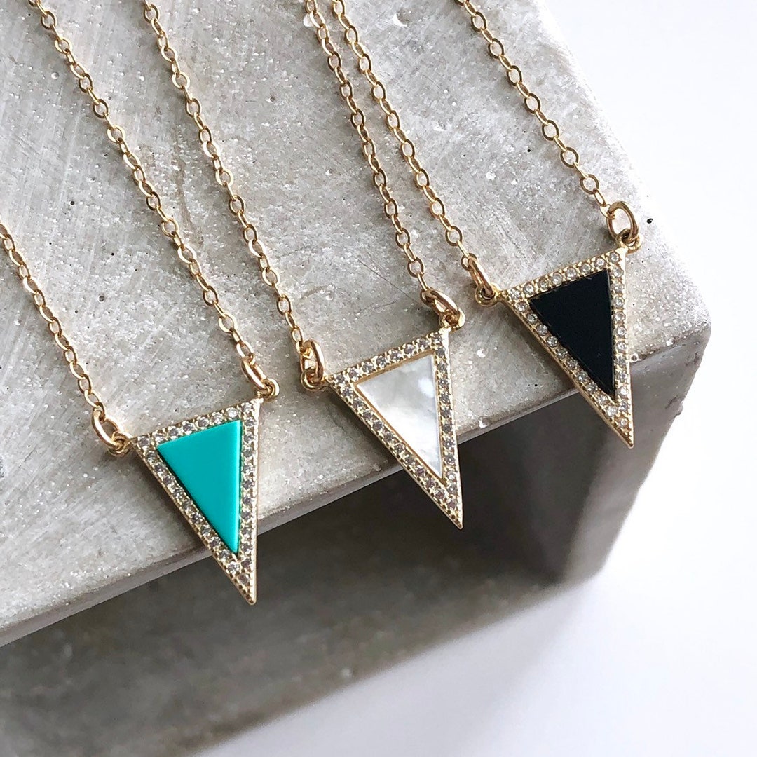 Petite Pave Triangle Gemstone Necklace...mint, Turquoise, Black, Pearl ...