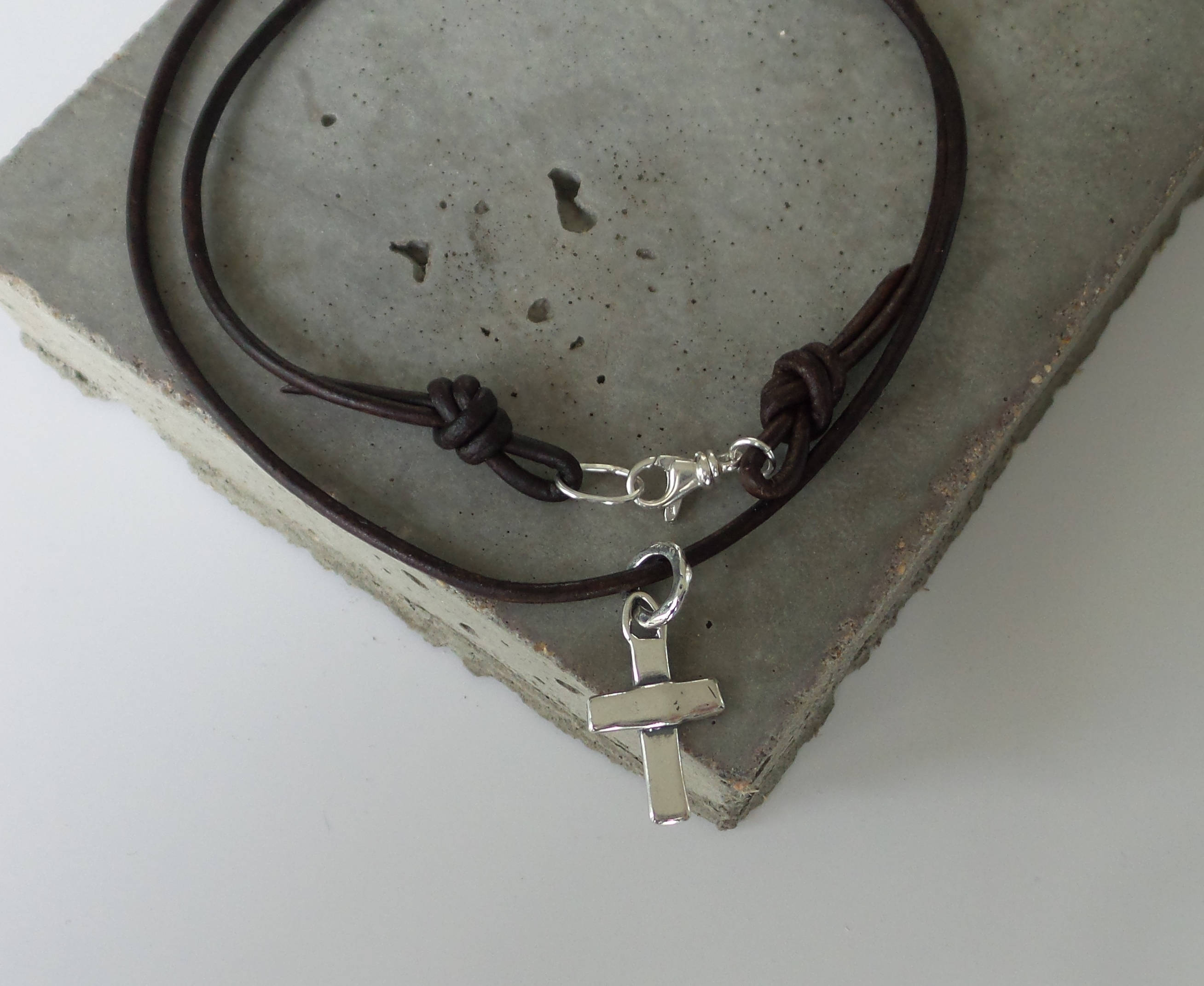 Artisan Sterling Silver Cross on Leather Necklace...Religious | Etsy