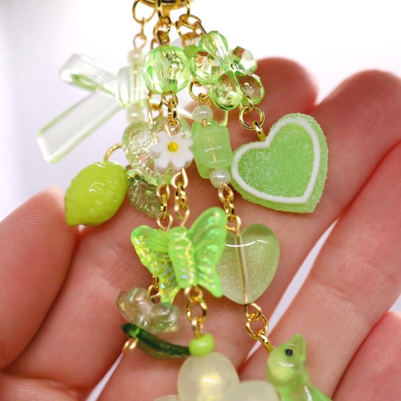 Lime Lizard Bag Charm | Candy Green Beaded Keychain | Gold Heart Clasp ...