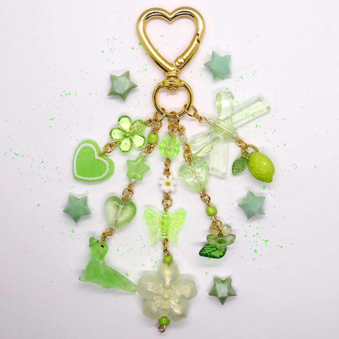 Lime Lizard Bag Charm | Candy Green Beaded Keychain | Gold Heart Clasp ...