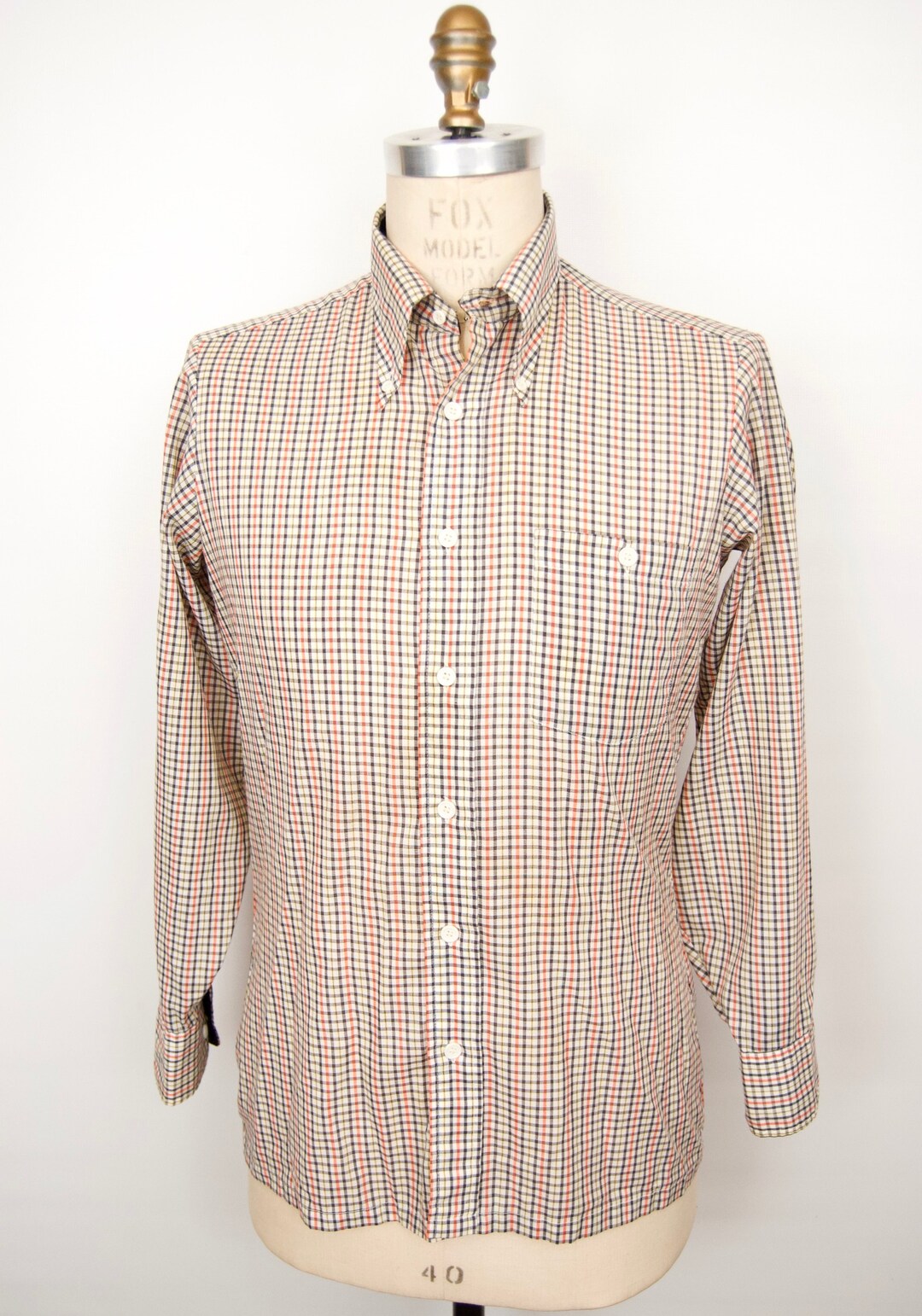 1970s Micro-check Pattern Shirt in White, Blue-gray, Orange & Yellow ...