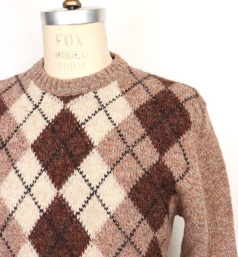 1980s Scottish Wool Argyle Sweater With Tan & Brown Diamond Pattern ...