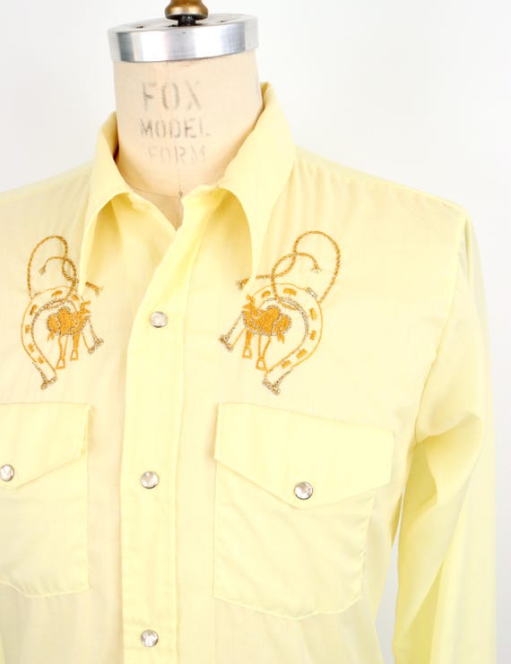 1970s Yellow Western Shirt with gold embroidered sadd… - Gem
