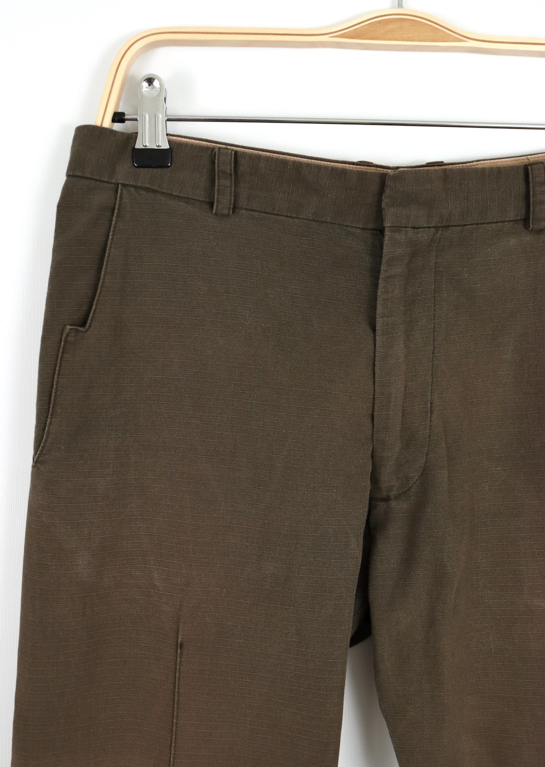 1990s Army Green Boot Cut Pants With Cool Seams & Distressed Fabric by ...