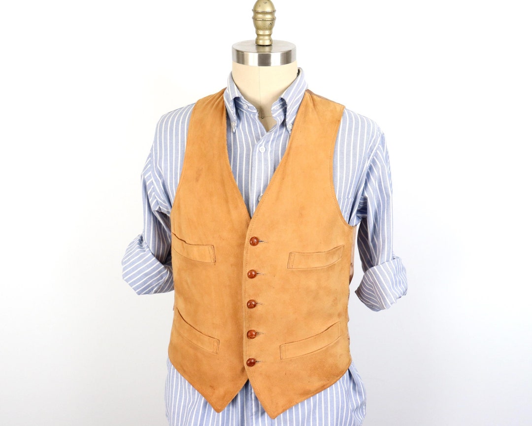 1980s-70s Tan Suede Vest With Leather Knot Buttons / Men's Small / Size ...