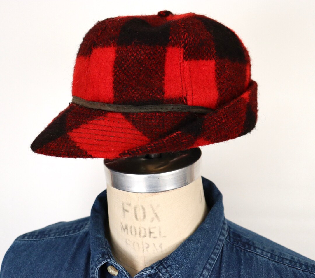 1950s Woolrich Hunting Hat in Red & Black Buffalo Check Wool Flannel ...