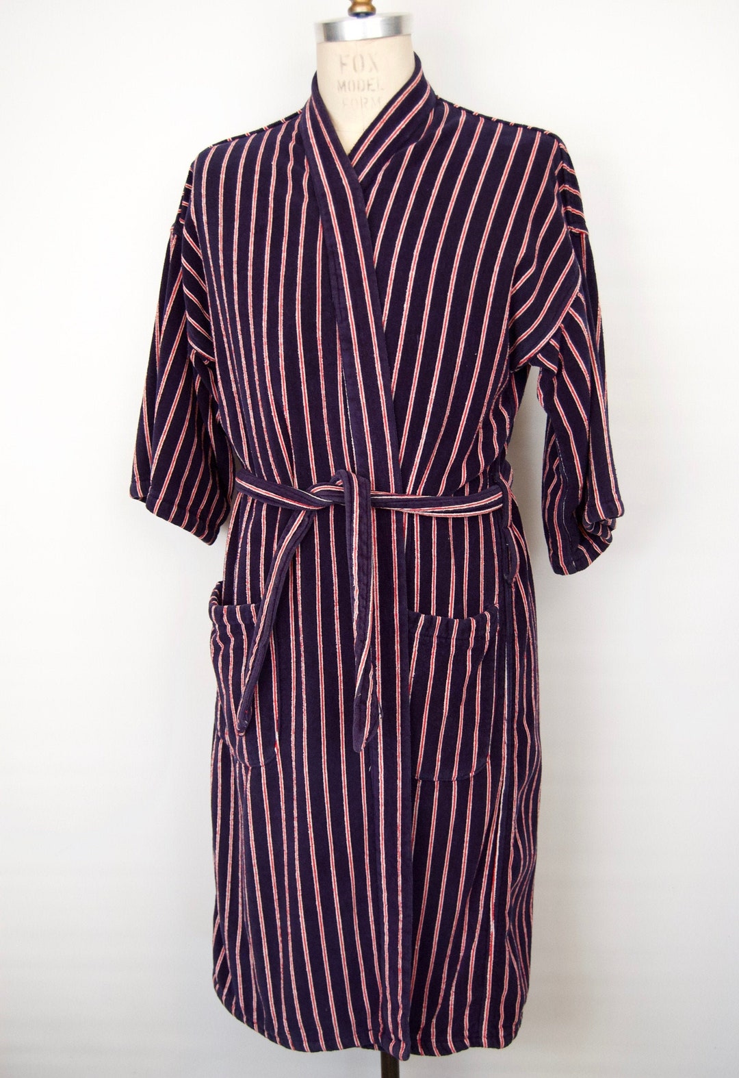 1980s Bill Blass Terry Cloth Robe / Vintage Thick Cotton Robe With Red ...