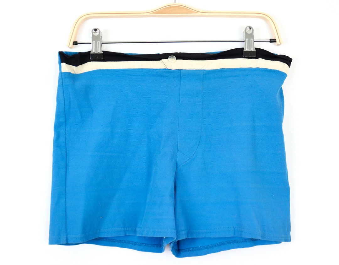 1950s Square Cut Swim Trunks in Boxy Blue Nylon With Black & White ...