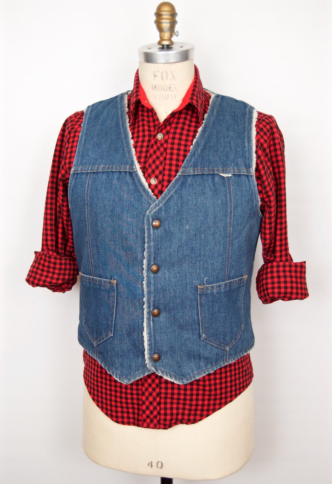 1970s-80s Shearling-lind Denim Vest, Bue Jean With Faux Lamb's Fur ...