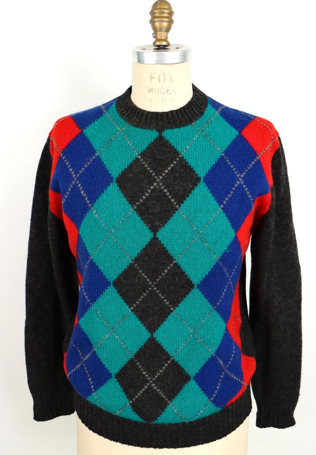 1980s Shetland Wool Argyle Sweater With Red, Blue & Teal Diamond ...