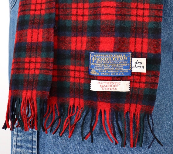 1970s-80s Pendleton Plaid Wool Scarf in red, navy blu… - Gem