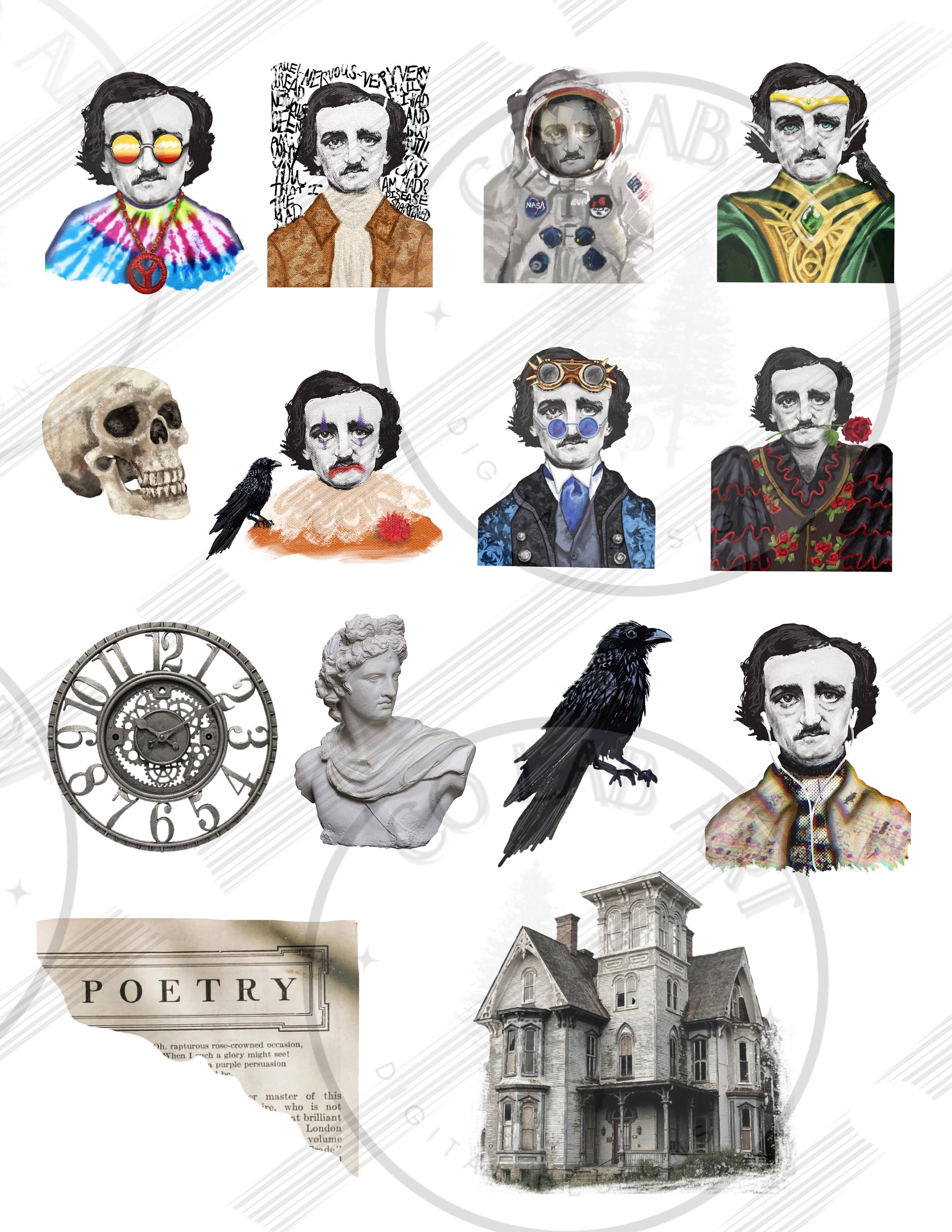 Poe, Hand Drawn, Collage Sheets, Collage Papers, Raven, Atcs, Aceos - Etsy