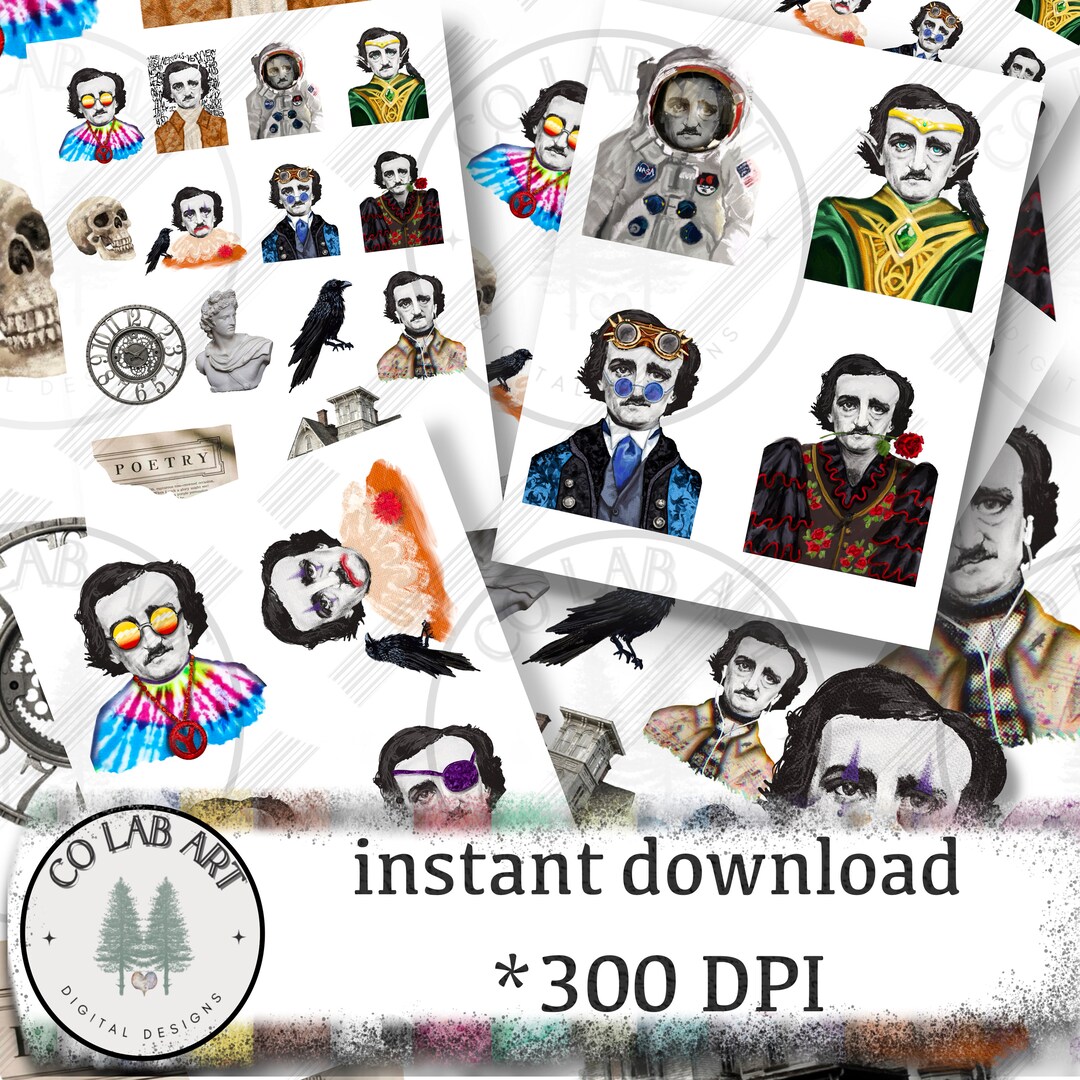 Poe, Hand Drawn, Collage Sheets, Collage Papers, Raven, Atcs, Aceos - Etsy