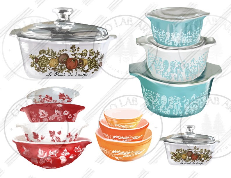 Vintage Pyrex Collage Sheets, 32 Hand Drawn Images, Atcs, Aceos ...