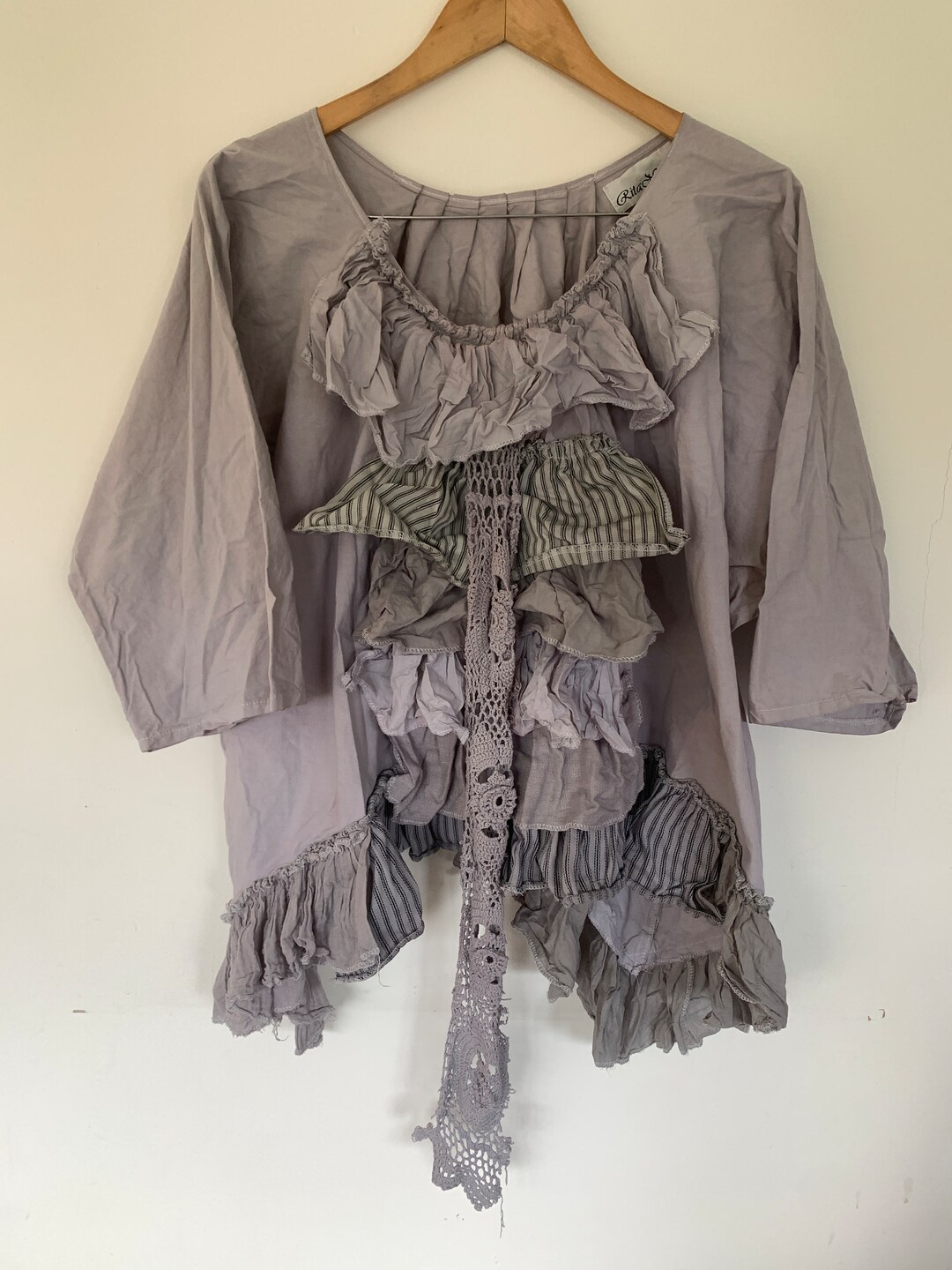 Dove Grey Pure Cotton Frilly Frill Top Shirt Grunge Antique Crochet ...