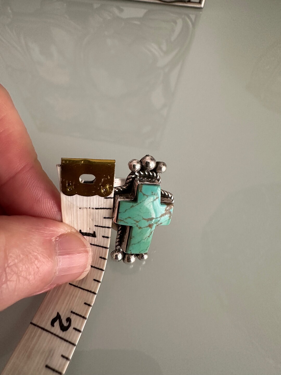 Linda Yazzie Signed Sterling Silver Turquoise Cross Ring Size 9 Native ...