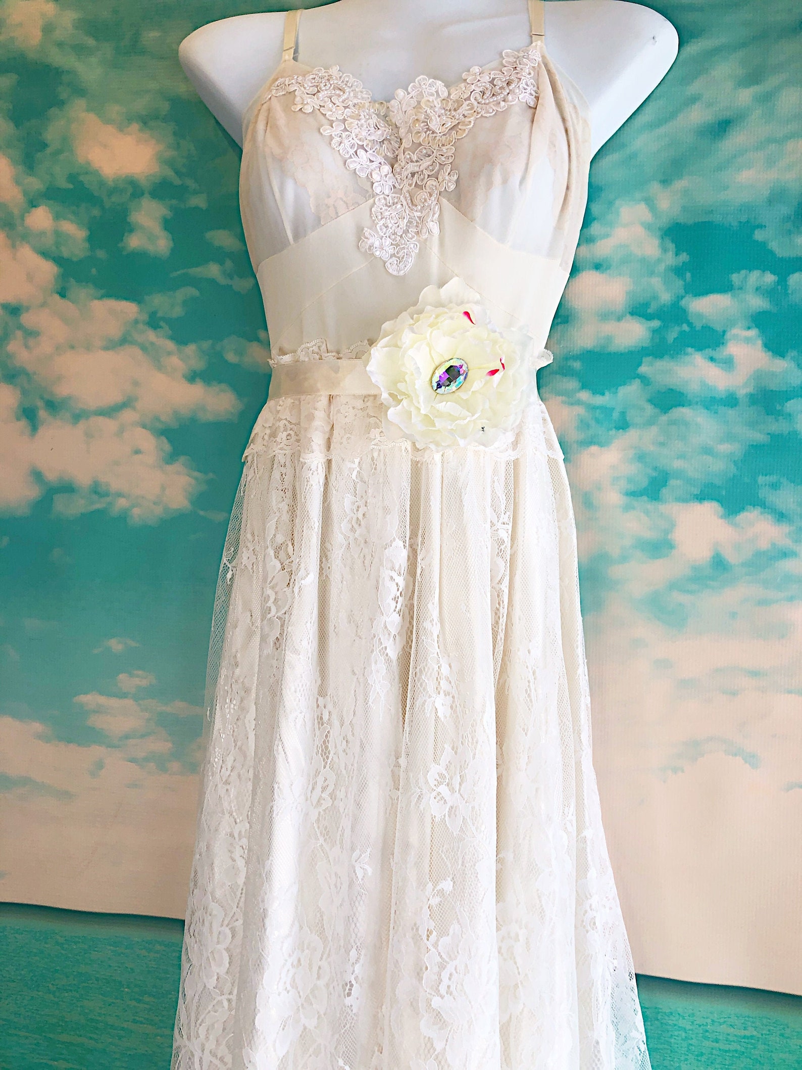 Ivory & White Duchess Satin and Eyelash Lace Boho Wedding Dress by ...