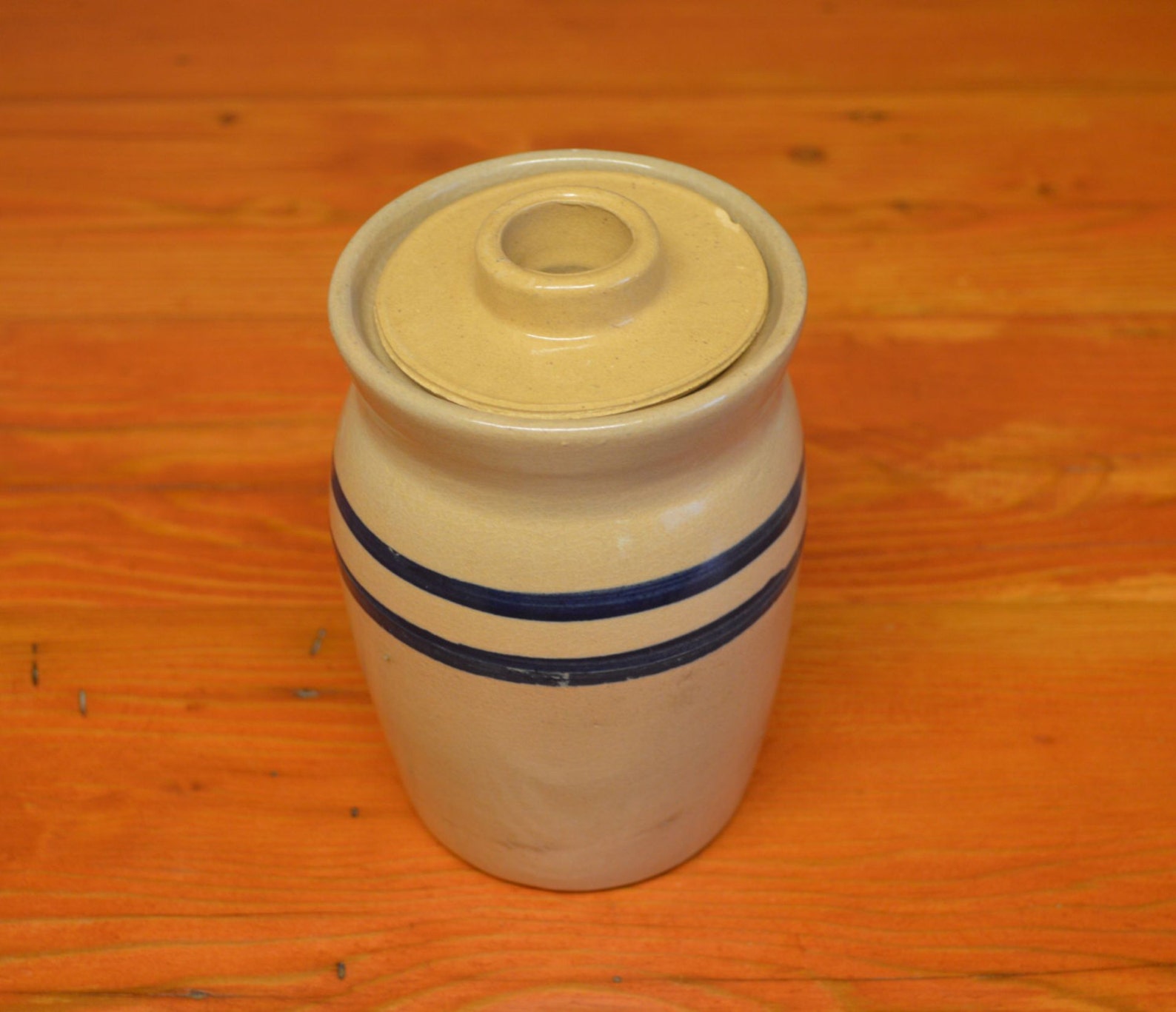 Vintage Butter Churn Crock Small With Blue Stripes Stoneware Yelloware ...