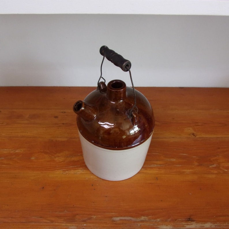 Rare Antique Stoneware Jug With Two Spouts Wire and Wood Handle Two ...