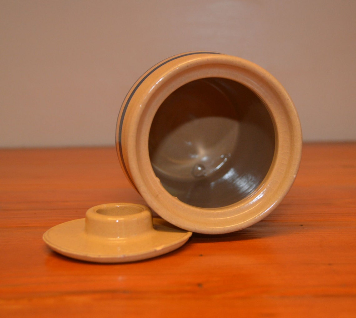 Vintage Butter Churn Crock Small With Blue Stripes Stoneware Yelloware ...