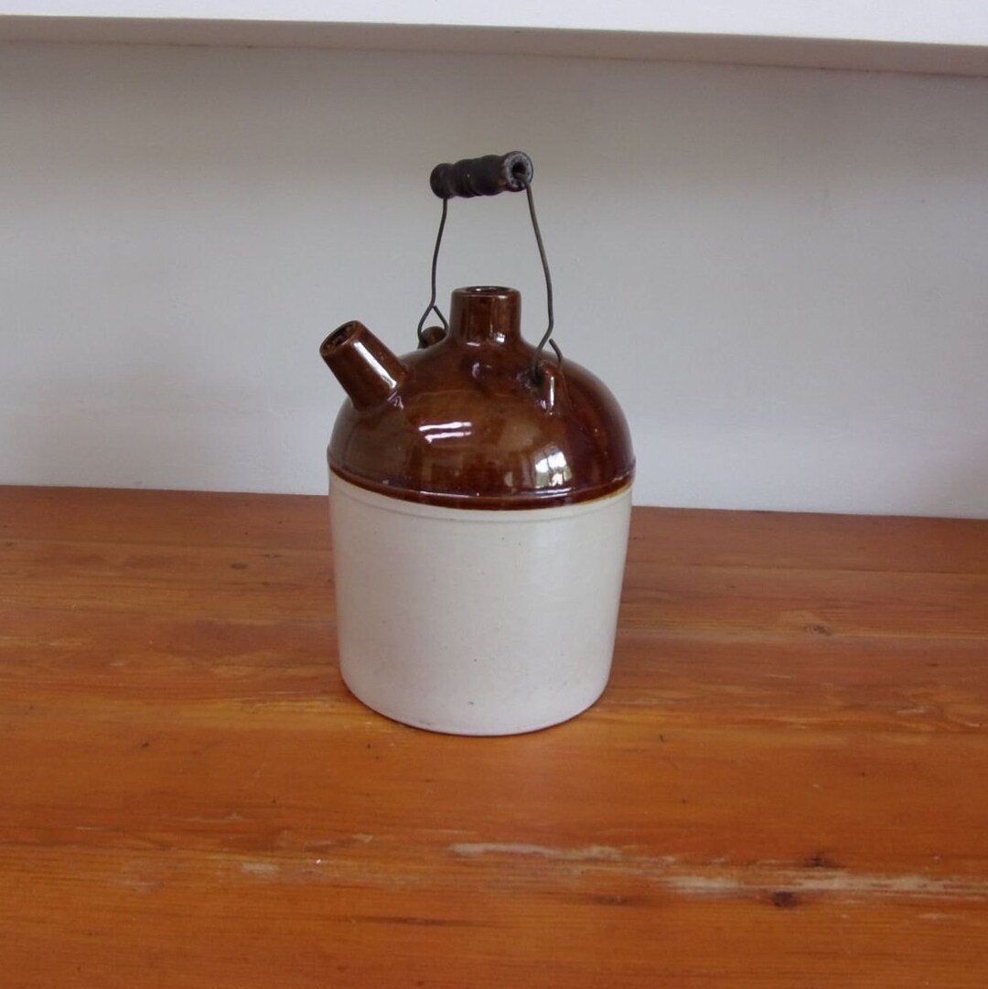 Rare Antique Stoneware Jug With Two Spouts Wire and Wood Handle Two ...