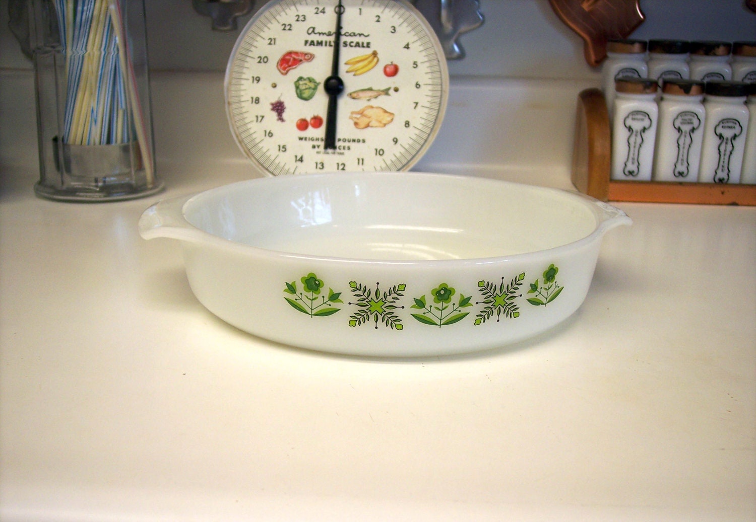 Vintage Fire King Anchor Hocking Meadow Green Cake Pan Retro Milk Glass ...