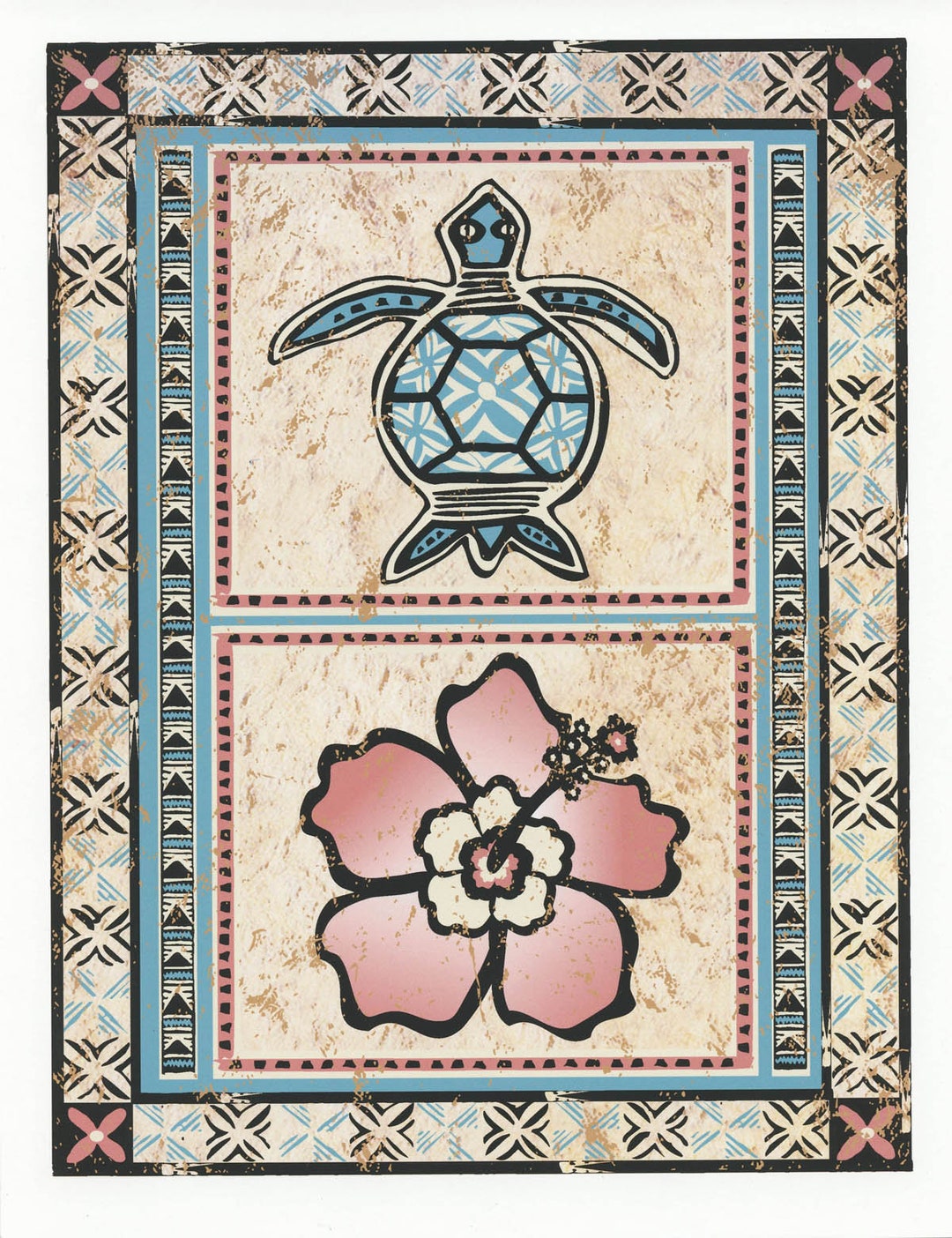 Tapa Turtle and Hibiscus Print - Etsy