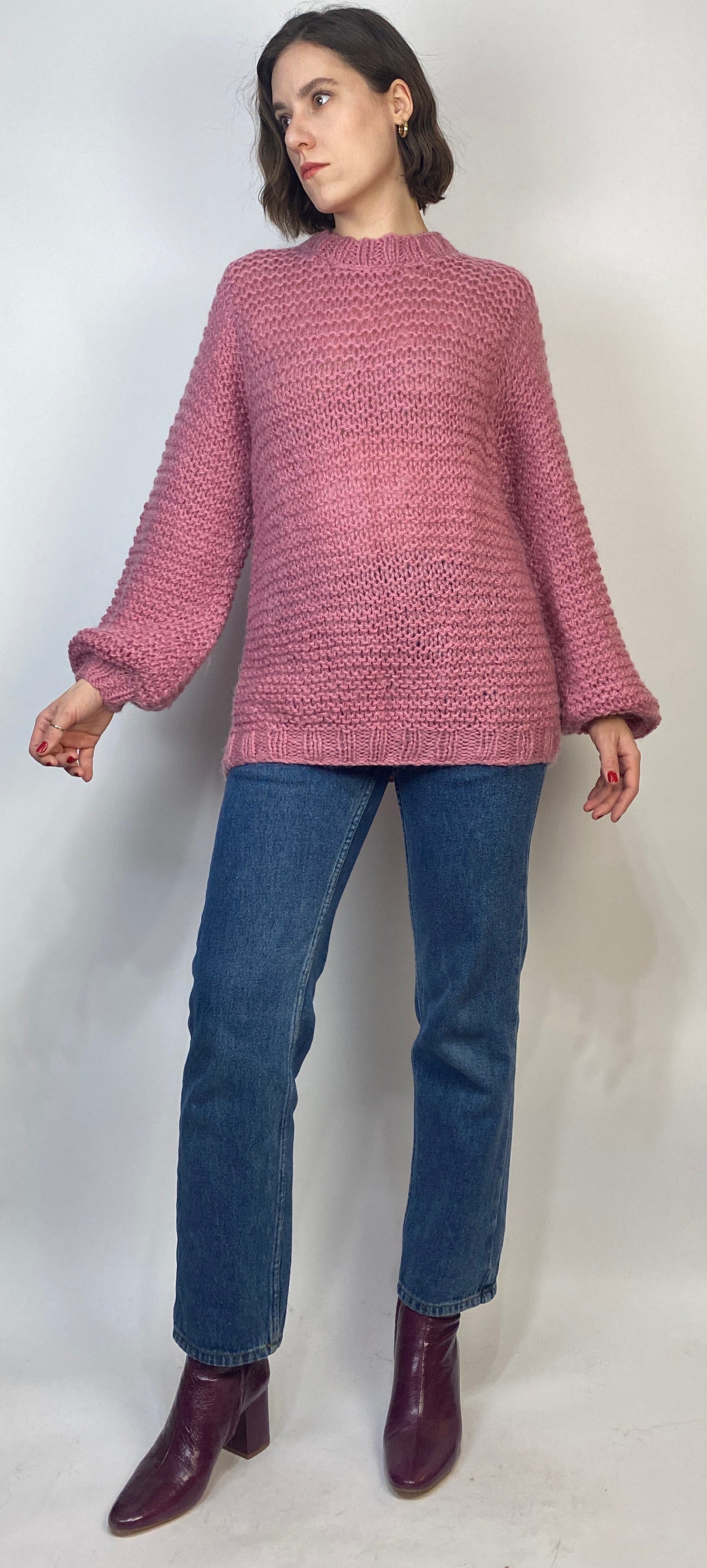 Vtg 80s Open KNIT PUFF SLEEVE Dusty Rose Sweater Medium to - Etsy