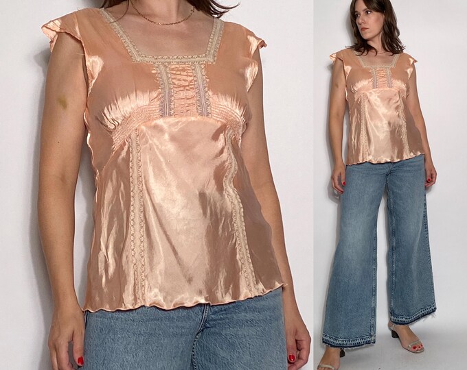 Vintage 1940s Peach Satin CAMISOLE With Lace Inserts! Medium to Large ...