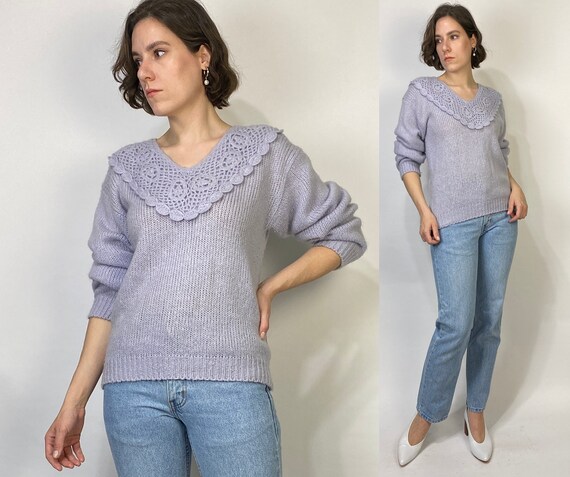 Vtg 80s LAVENDER CROCHET BIB Sweater Small to Medium - Etsy UK