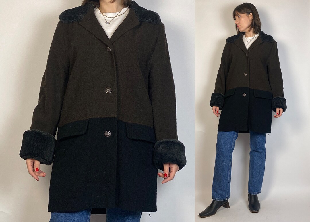Vintage 90s RUSTIC Color Block Coat With Faux FUR Trim! - Etsy