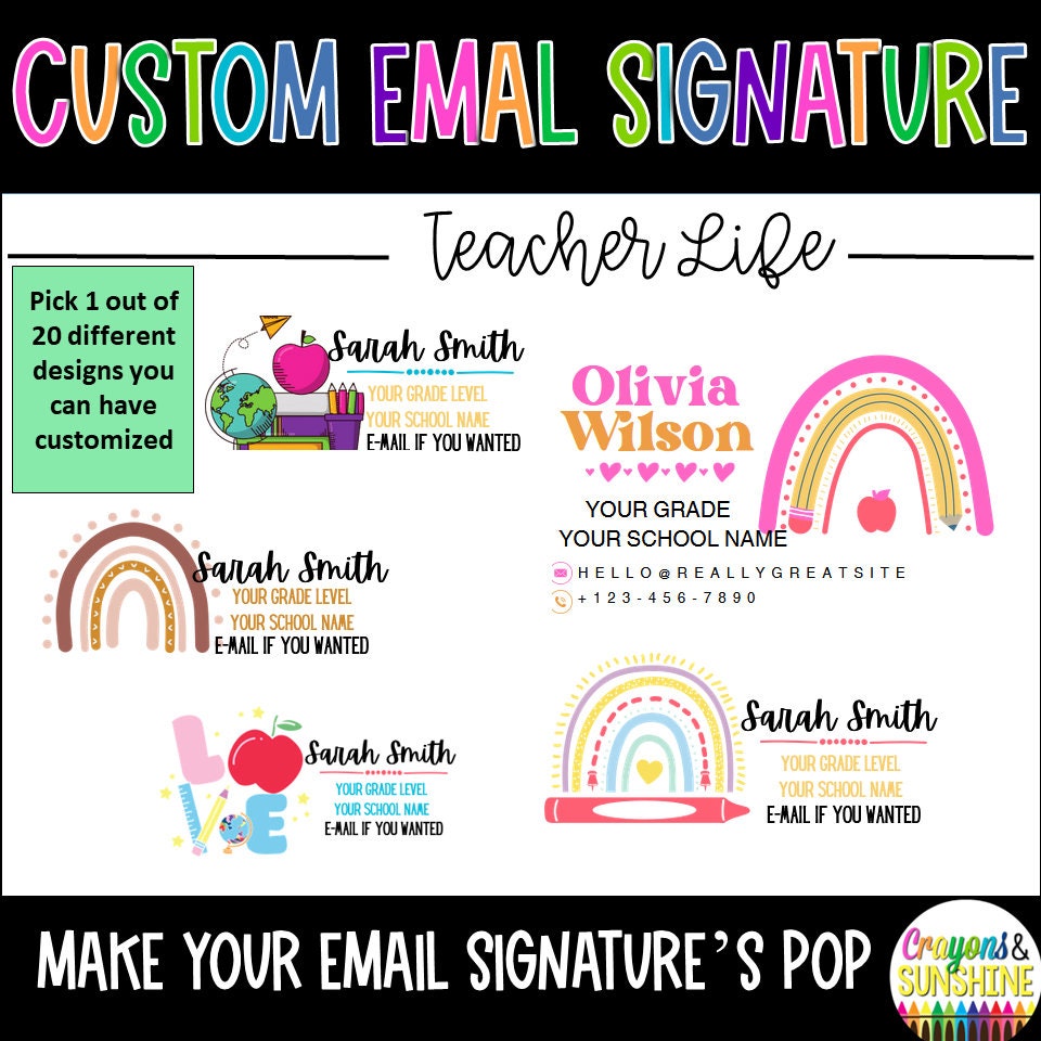Custom Teacher Email Signature 20 Designs Boho Bright Colors Rainbows ...