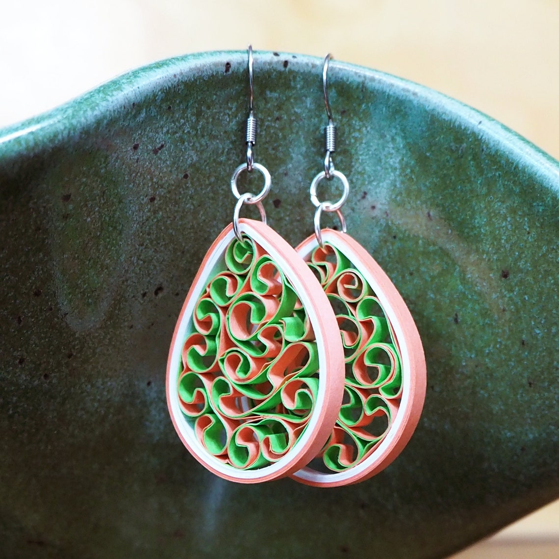 Coral & Lime Green Paper Quilling Honeycomb Earrings First - Etsy